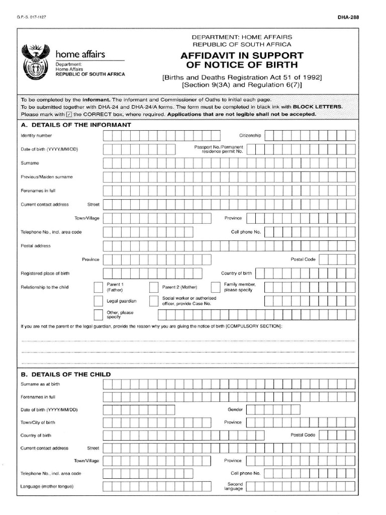 Home Affairs: Affidavit in Support of Notice of Birth | PDF