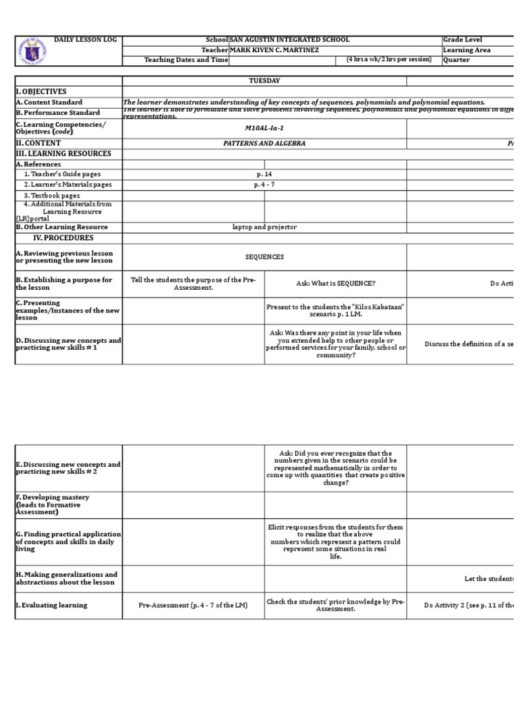 DLL - Math 10 | PDF | Division (Mathematics) | Teachers
