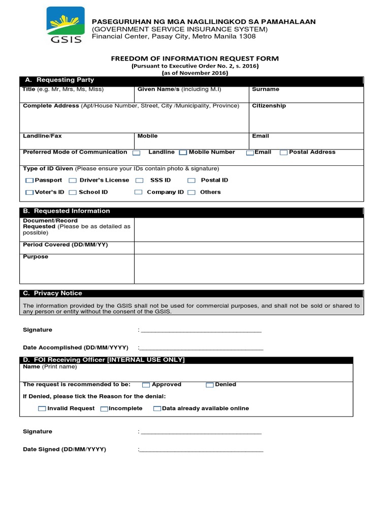 FOI Request Form for GSIS Services | PDF | Politics | Law