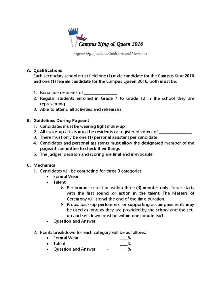 Campus King & Queen 2016 Guidelines | PDF | Educational Stages | Learning