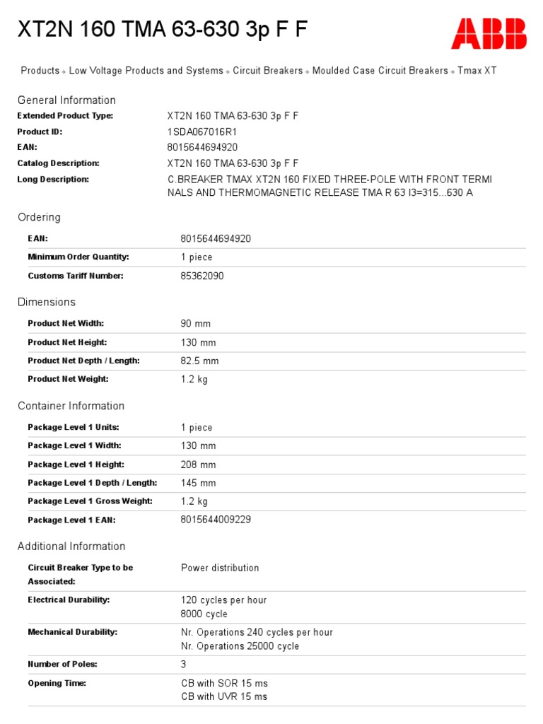 ABB - 1SDA067016R1 xt2n 160 Tma 63 630 3p F F - Datasheet | PDF | Electric Power Distribution ...
