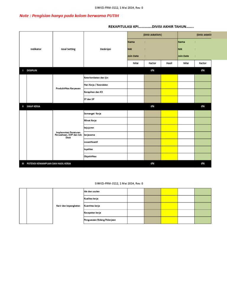 Note: Pengisian Hanya Pada Kolom Berwarna PUTIH: Rekapitulasi Kpi ...