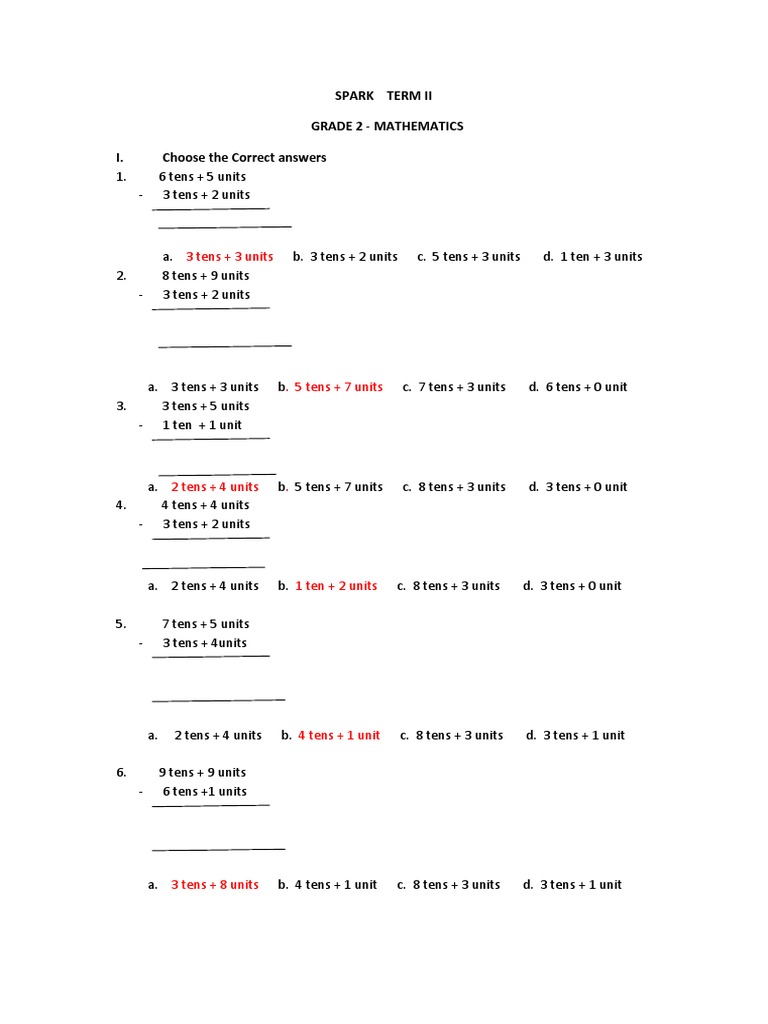 Spark Term Ii Grade 2 - Mathematics I. Choose The Correct Answers ...