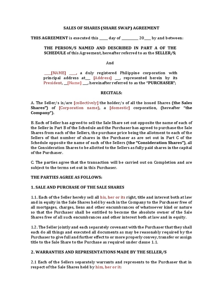 Stock or Share Swap Agreement (Draft) | PDF | Board Of Directors ...