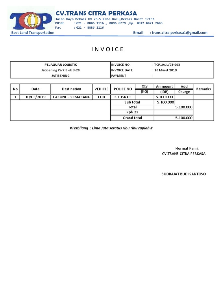 Invoice for CV. Trans Citra Perkasa | PDF