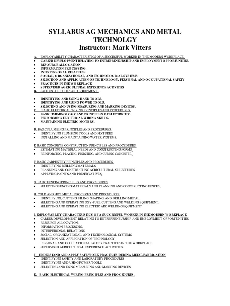 Syllabus Ag Mechanics and Metal Technologies | PDF | Welding | Construction