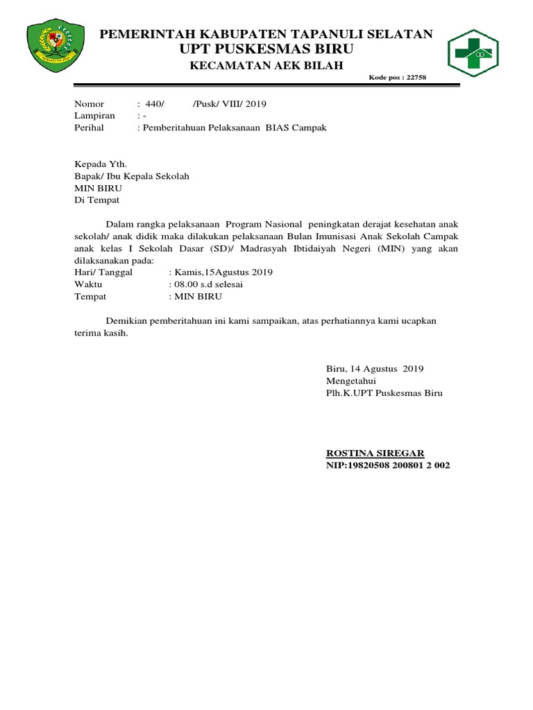 Surat Pemberitahuan Vaksin Campak Ke Sekolah | PDF