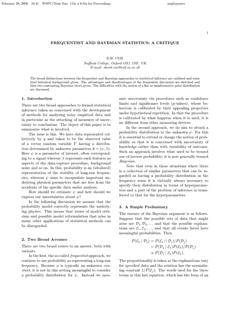 Frequentist and Bayesian Statistics: A Critique of Two Approaches to Statistical Inference | PDF ...