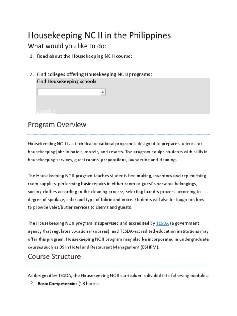 Housekeeping NC 2 | PDF | Vocational Education | Housekeeping