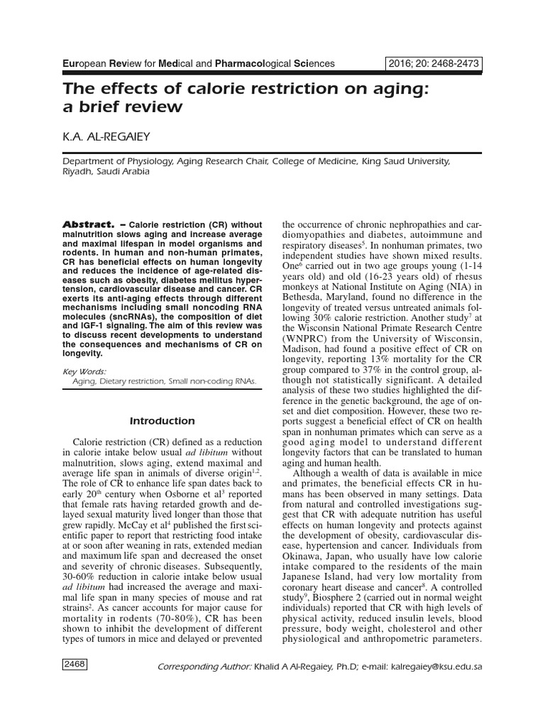 2468 2473 The Effects of Calorie Restriction On Aging A Brief Review ...