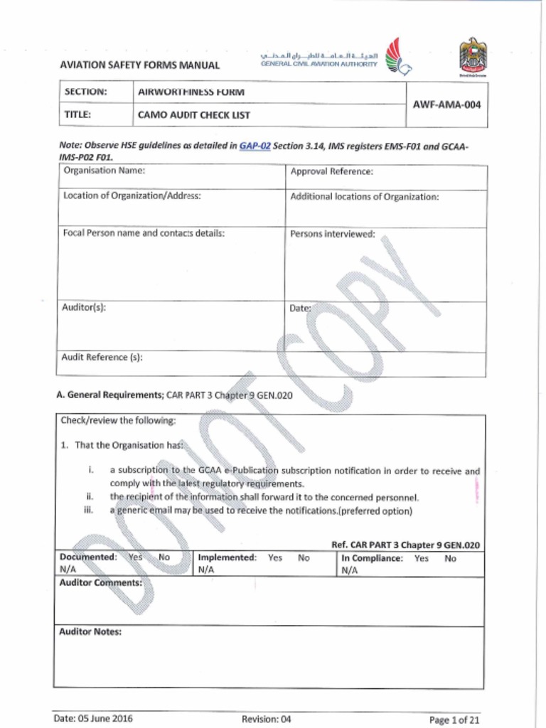 AWF-AMA-004 - CAMO Audit Checklist Rev 04 | PDF