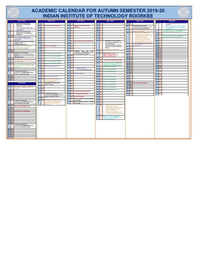 Academic Calendar For Autumn Semester 2019-20 Indian Institute of ...