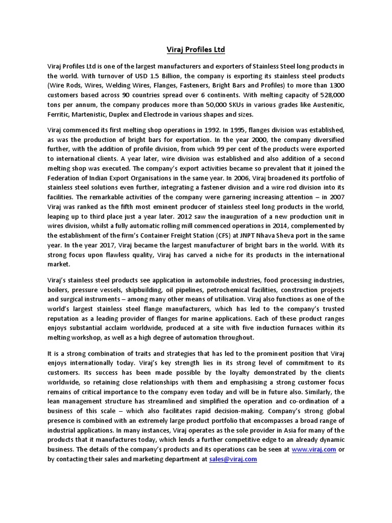 Viraj Profiles Ltd. Corporate Profile | PDF | Stainless Steel | Steel