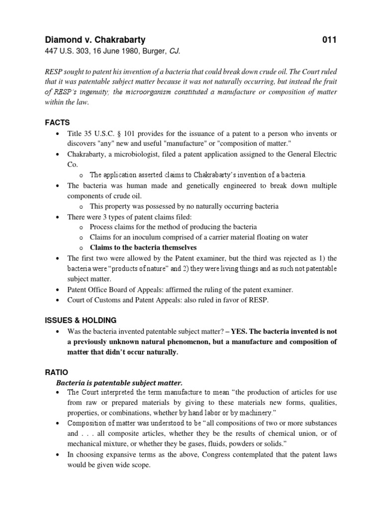 Diamond v. Chakrabarty Case Summary | PDF | Intellectual Works | Civil ...