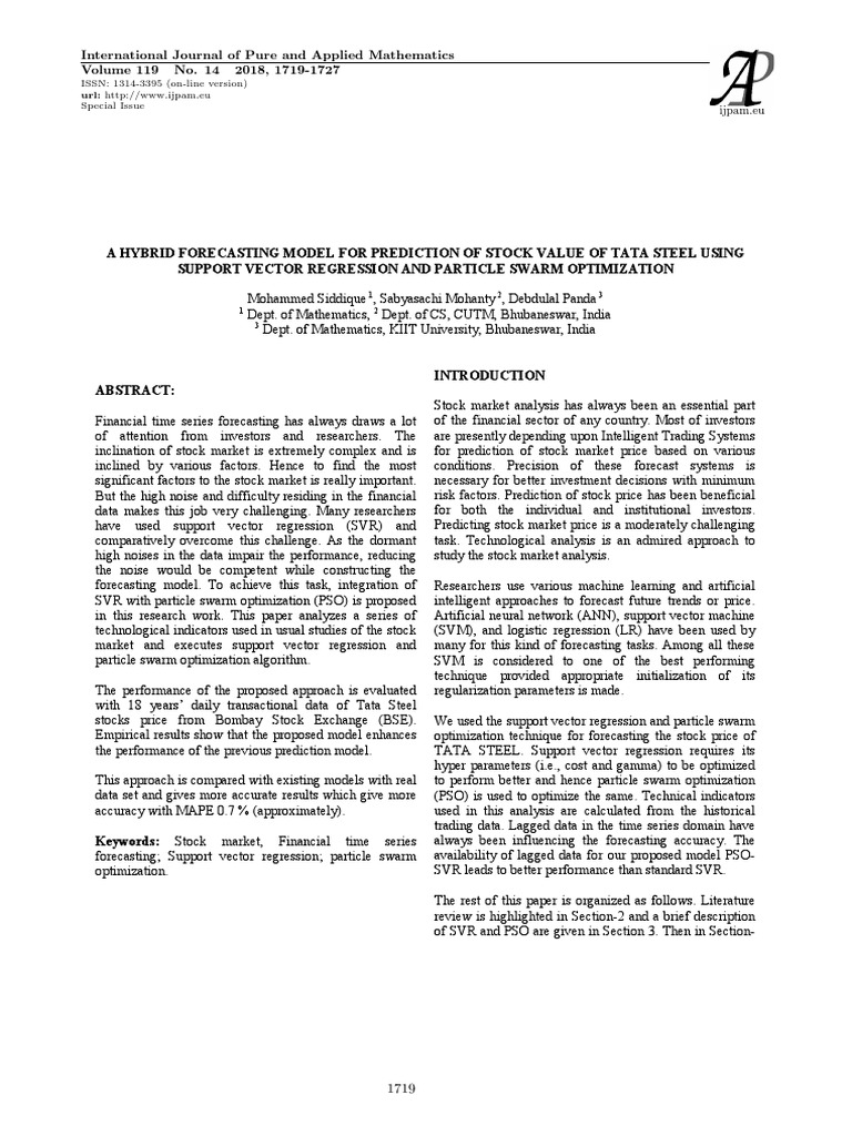 A Hybrid Forecasting Model For Prediction Of Stock Value Of Tata Steel Using Support Vector