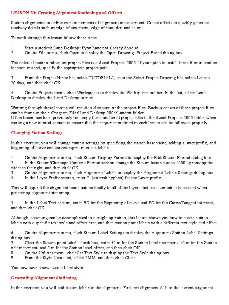 LESSON 20: Creating Alignment Stationing and Offsets | PDF | Menu (Computing) | Menu