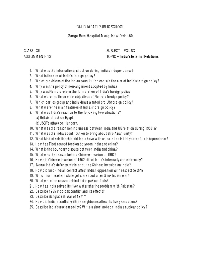 CBSE Class 12 Political Science Worksheet | PDF | Jawaharlal Nehru ...