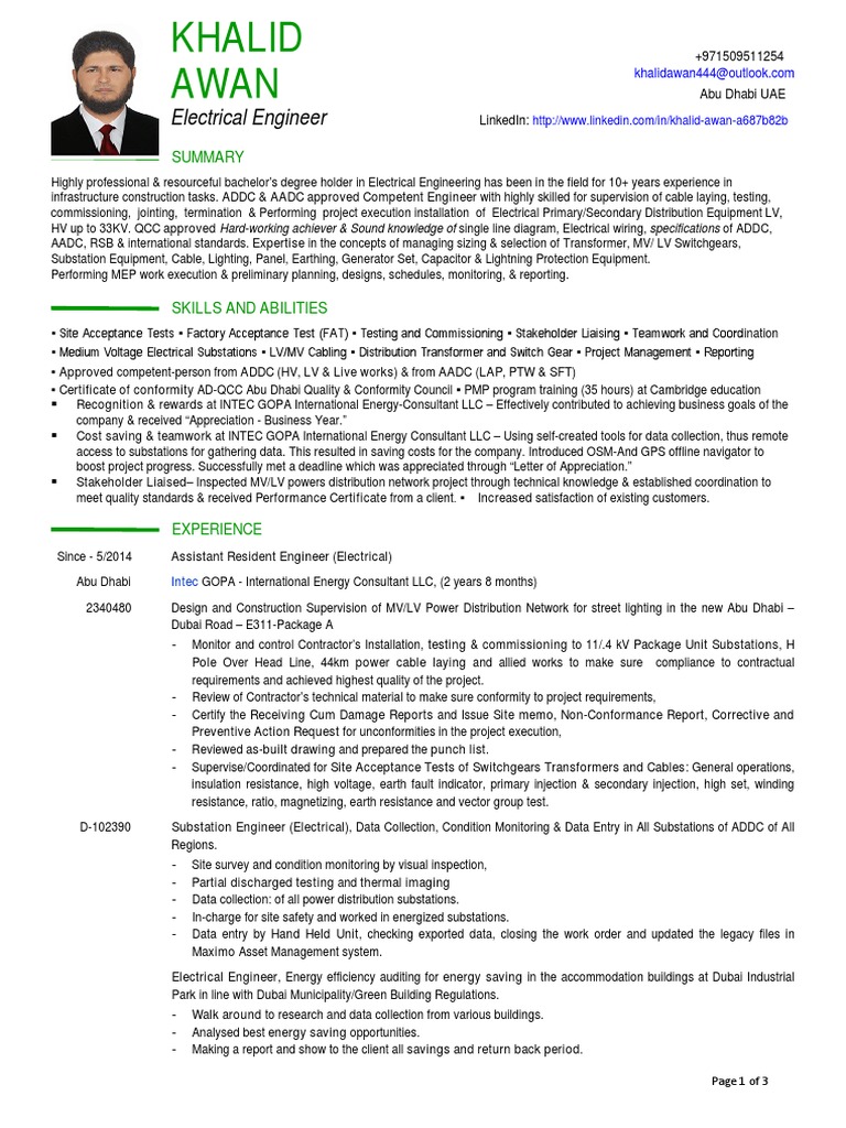 Khalid Awan CV of Electrical Engineer | PDF | Electrical Substation | Electric Power Distribution