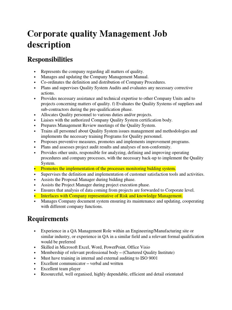 Corporate Quality Management Job Description | PDF | Quality Management ...
