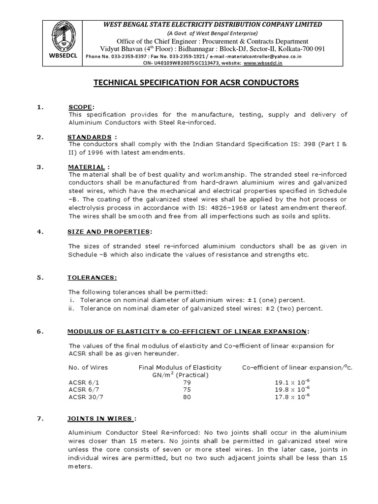 Technical Specification For Acsr Conductors: Wbsedcl | Download Free ...