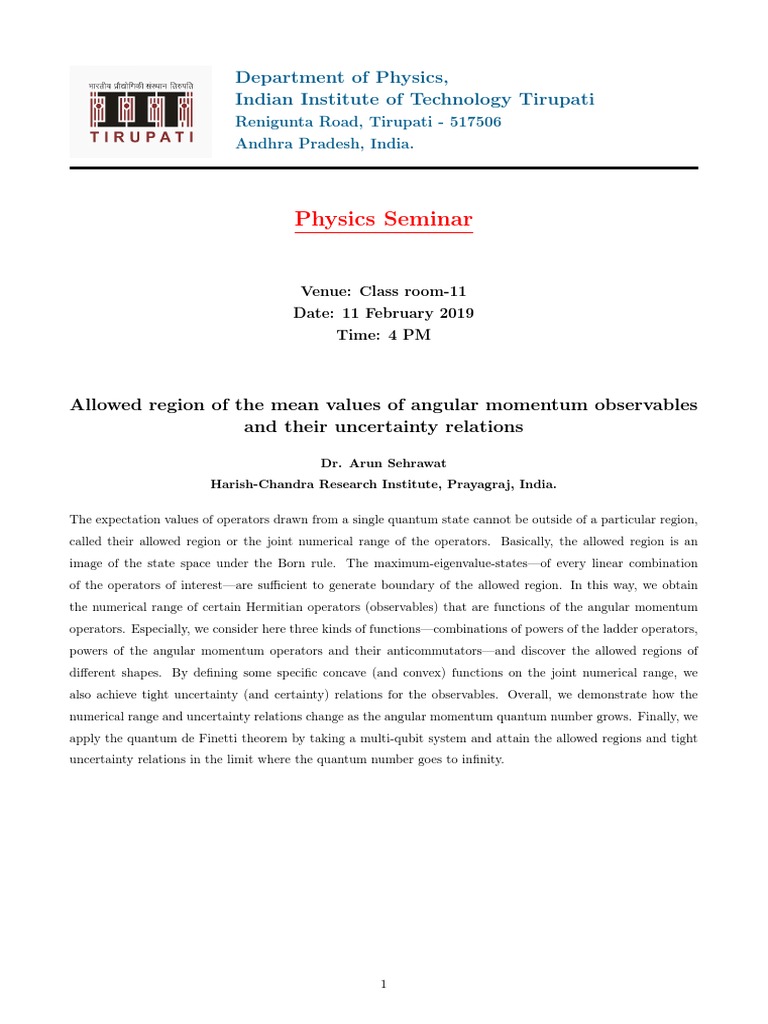 Physics Seminar: Department of Physics, Indian Institute of Technology ...