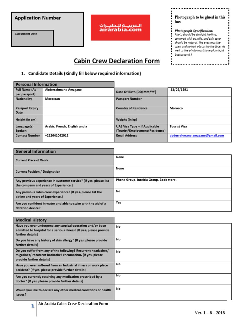 Cabin Crew Declaration Form: Application Number | PDF | Business