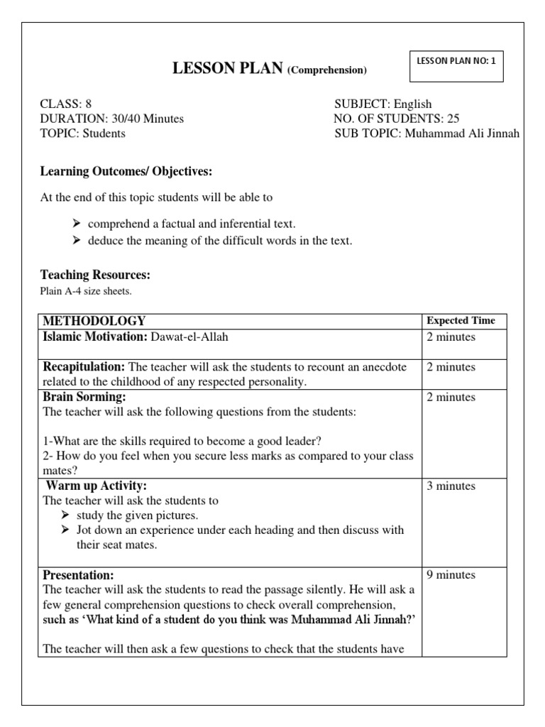 Pilot English Lesson Plan (1 C) - Reading Comprehension | PDF | Reading ...