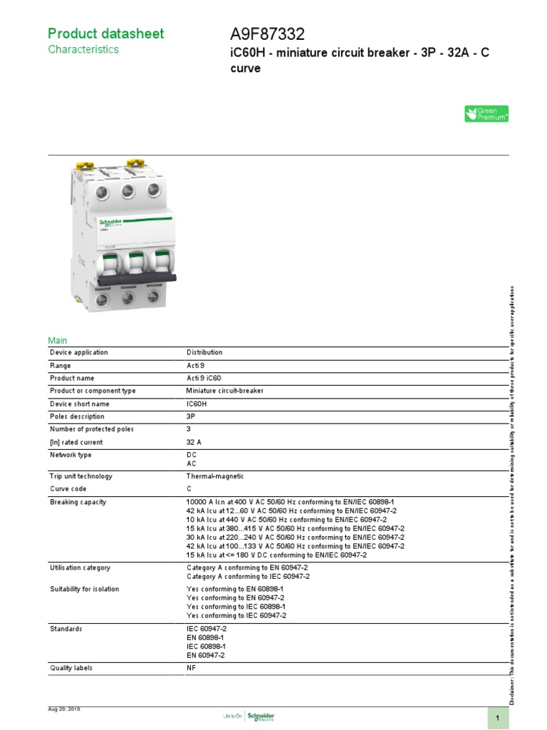 Product Datasheet: iC60H - Miniature Circuit Breaker - 3P - 32A - C ...