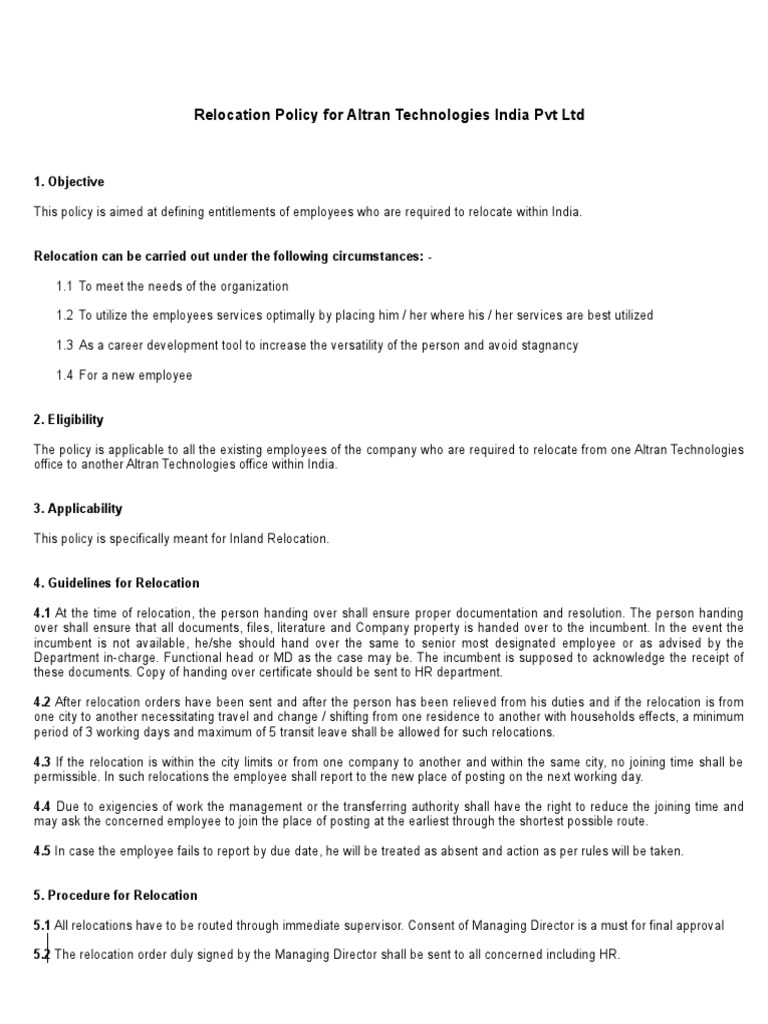 Relocation Policy For Altran Technologies India PVT LTD | PDF ...