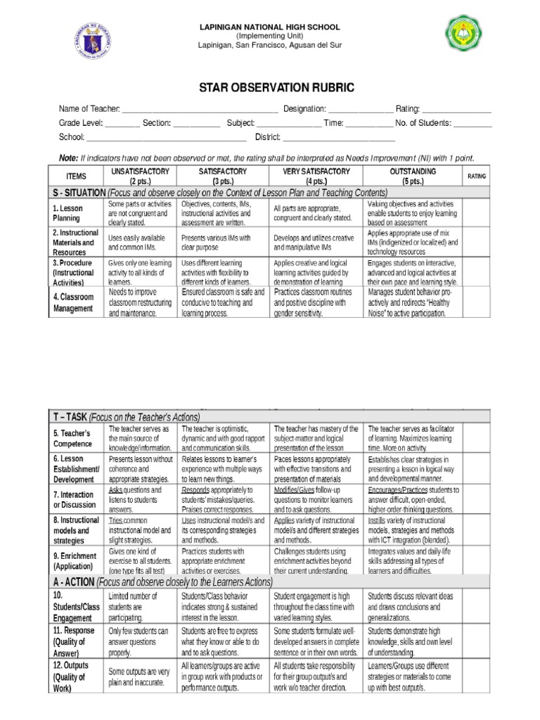STAR Observation Sheet (Rubrics) | PDF