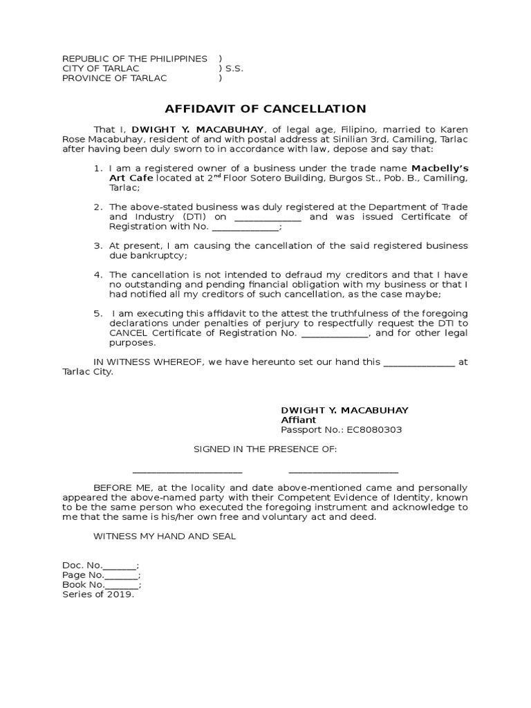 Affidavit for DTI Business Cancellation | PDF
