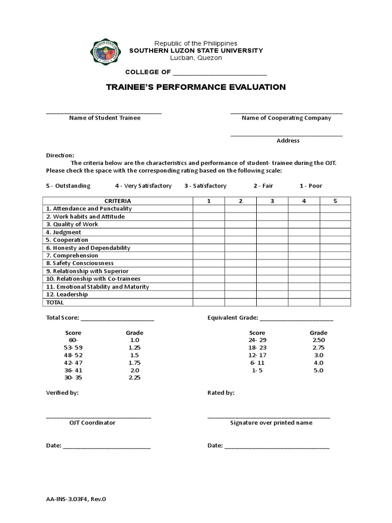OJT Trainee Performance Evaluation Form | PDF | Psychology ...