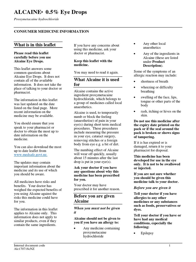 Alcaine 0.5% Eye Drops: What Is in This Leaflet | PDF | Anesthesia ...