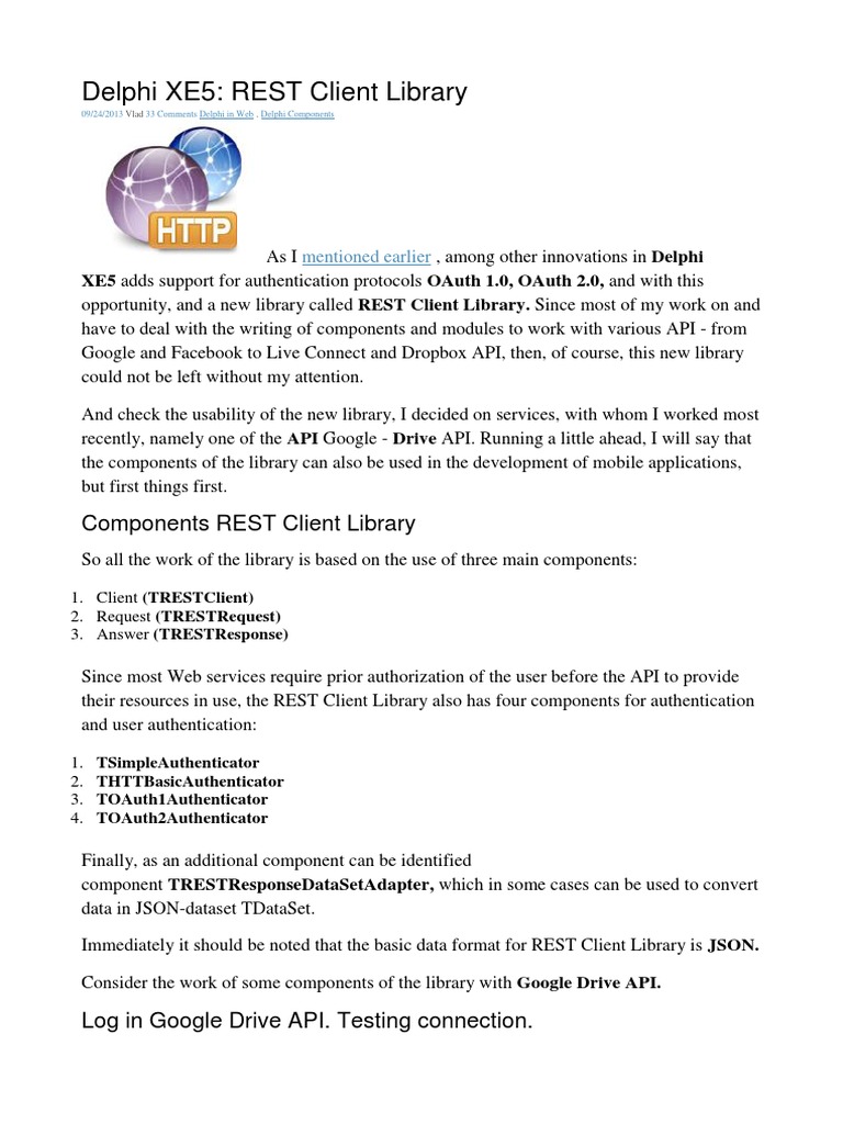 Delphi XE5 REST Client Library for Google Drive API | PDF | Application Programming Interface ...