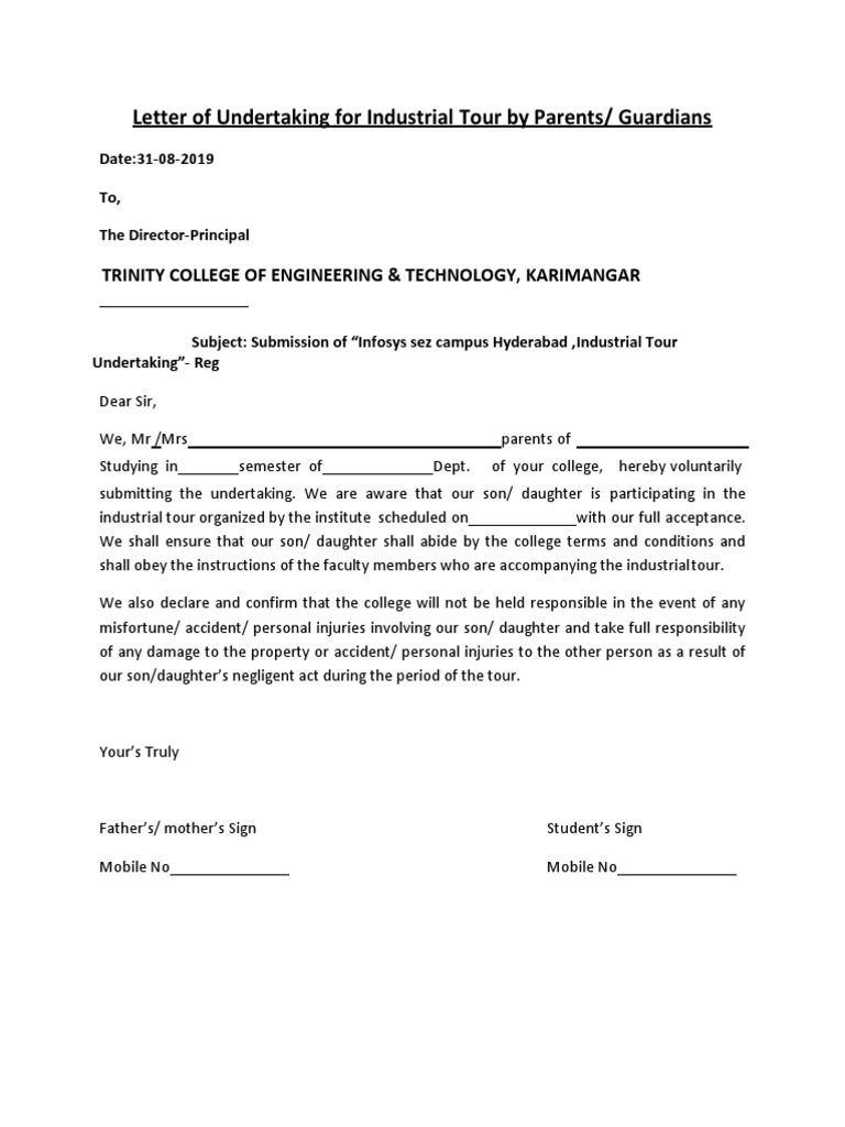 Letter of Undertaking For Industrial Tour by Parents & Students | PDF | Career & Growth | Business