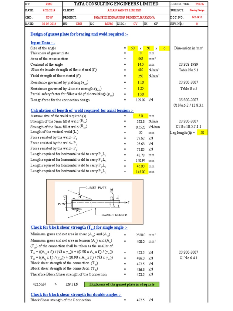 Design of Gusset Plate For Bracing and Weld Required:-Input Data | PDF ...