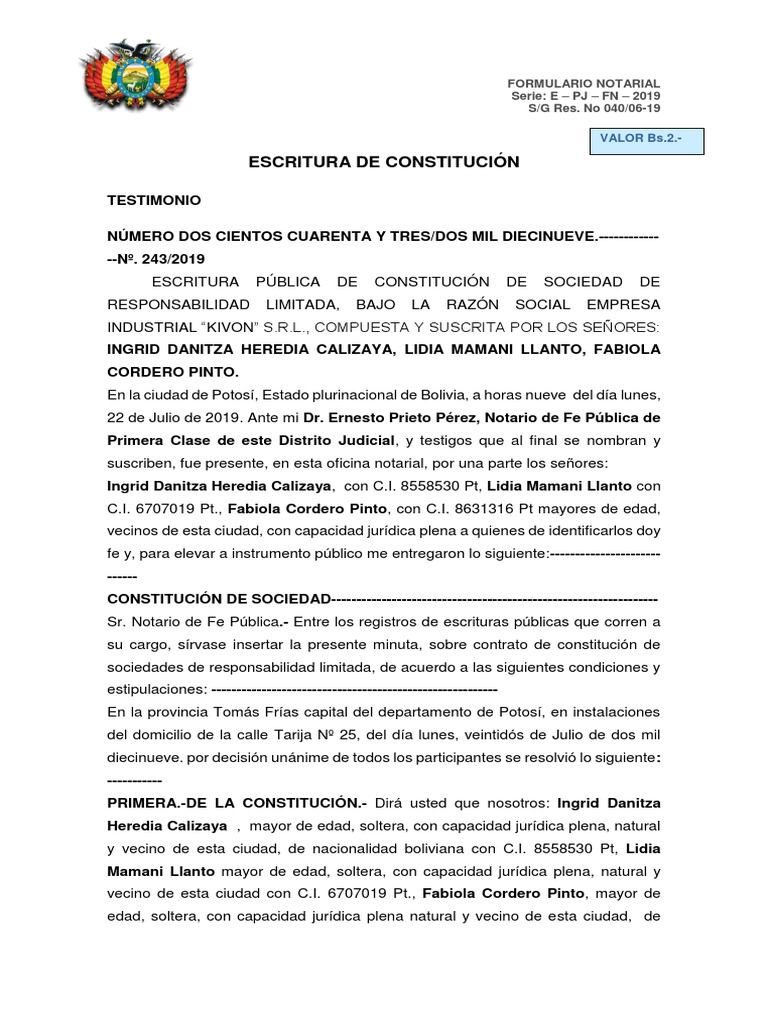 Escritura de Constitucion Final | PDF | Sociedad de responsabilidad limitada | Información del ...