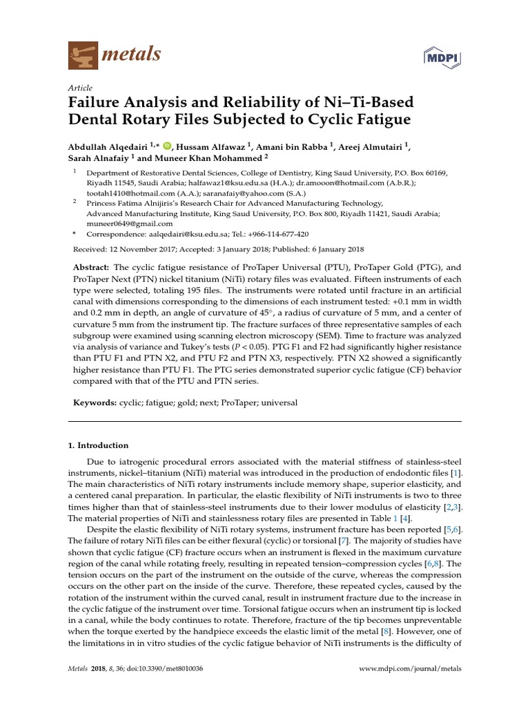 Metals: Failure Analysis and Reliability of Ni-Ti-Based Dental Rotary ...