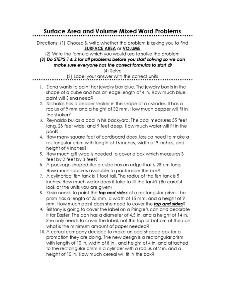 Surface Area and Volume Mixed Word Problems | PDF