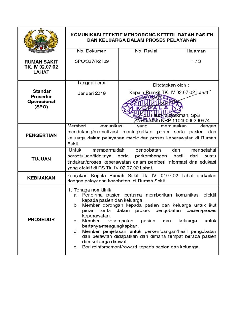 Spo Komunikasi Efektif Mendorong Keterlibatan Pasien Dan Keluarga Dalam Proses Pelayanan | PDF