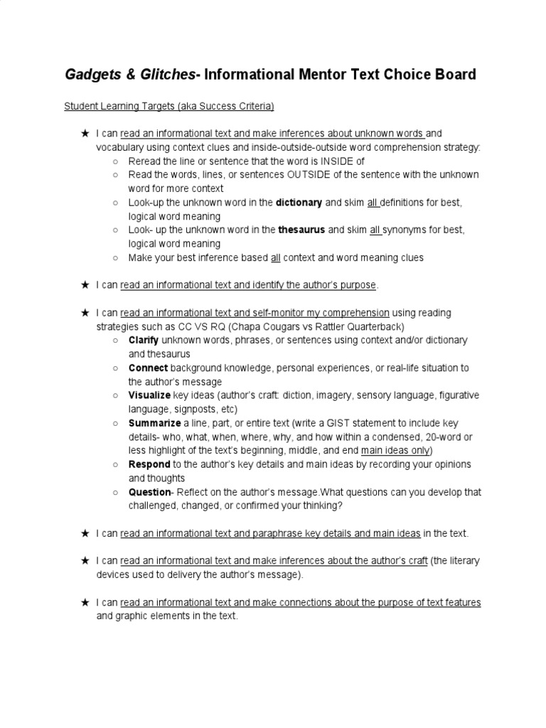 Informational Gadgets Glitches Choice Board | PDF | Reading ...