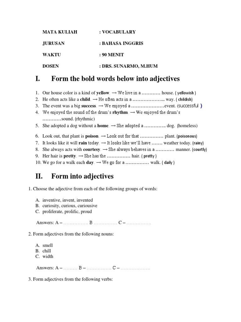 I. Form The Bold Words Below Into Adjectives | PDF | Adjective | Noun