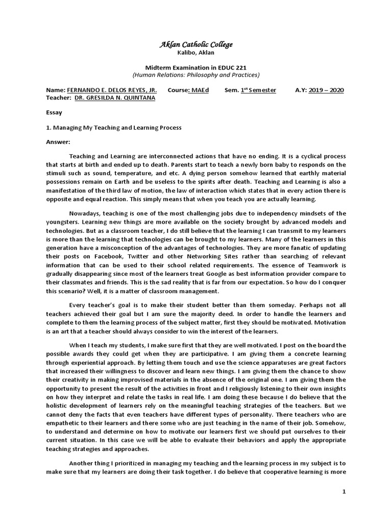 Aklan Catholic College: Midterm Examination in EDUC 221 | PDF | Sharks | Motivation