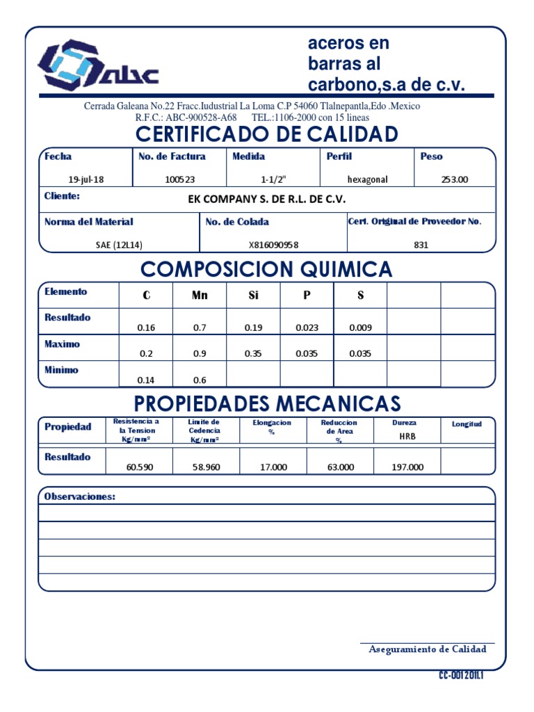 Certificado de Calidad | PDF