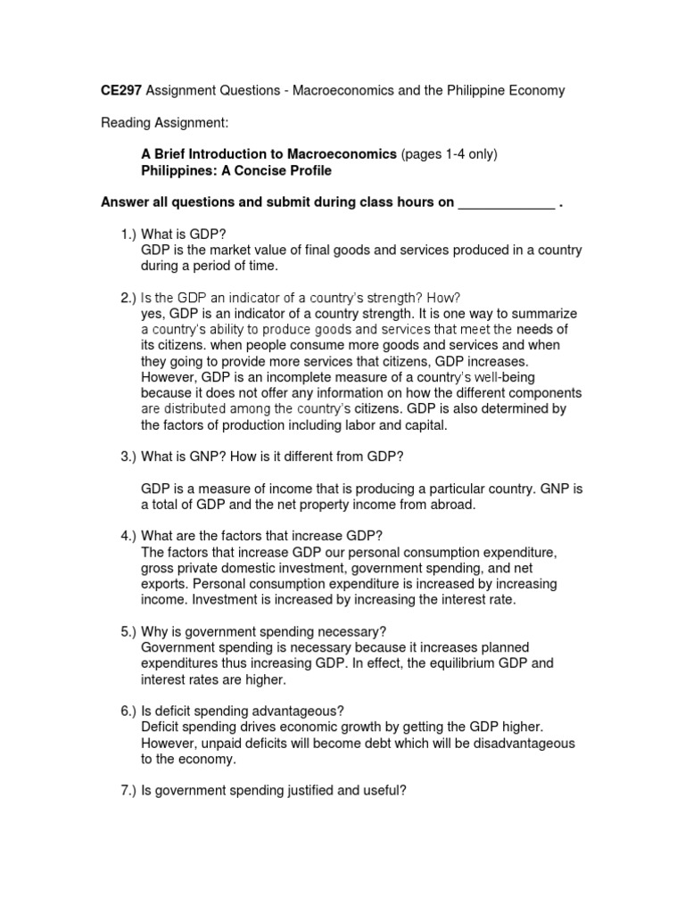 CE297 Assignment Questions - Macroeconomics and The Philippine Economy ...