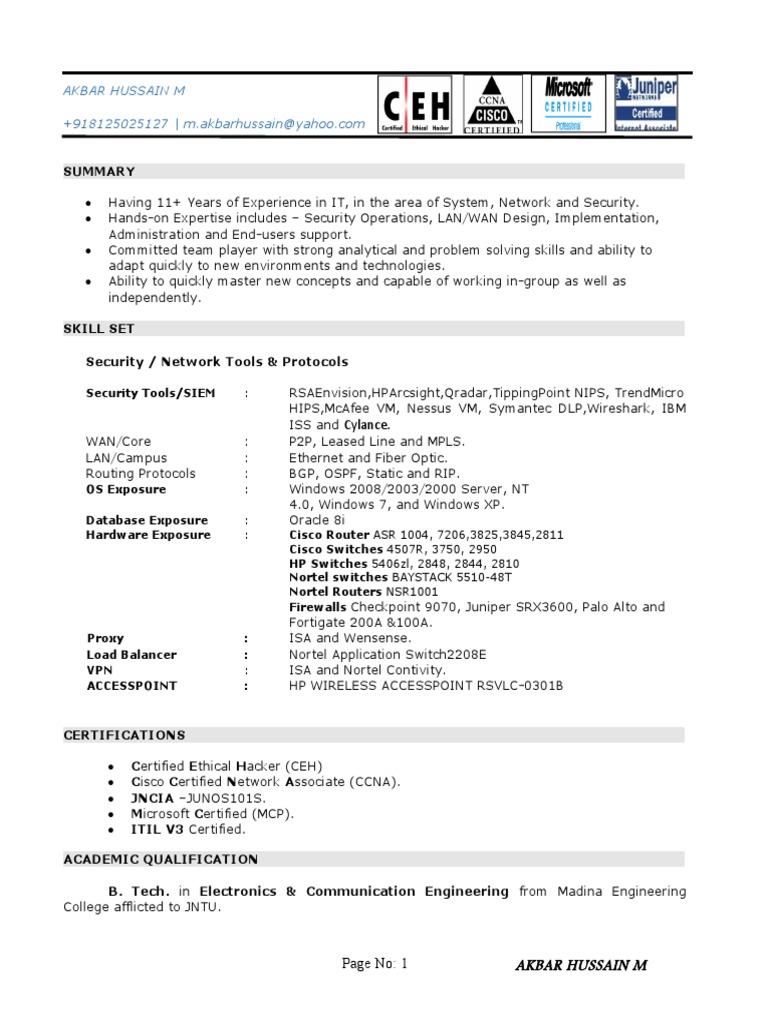 Resume - Akbar Hussain M | Download Free PDF | Juniper Networks ...