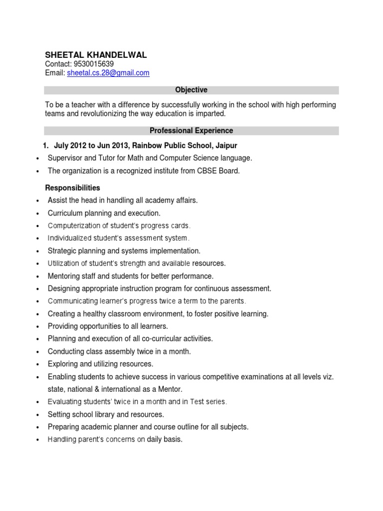 Resume - Sheetal Khandelwal 2yr Exp TGT - Maths and Science | PDF ...