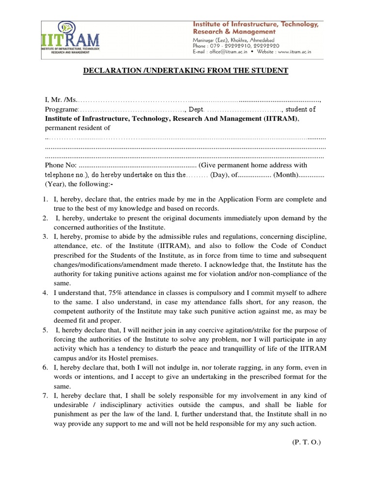 Declaration /undertaking From The Student | PDF | Virtue | Government