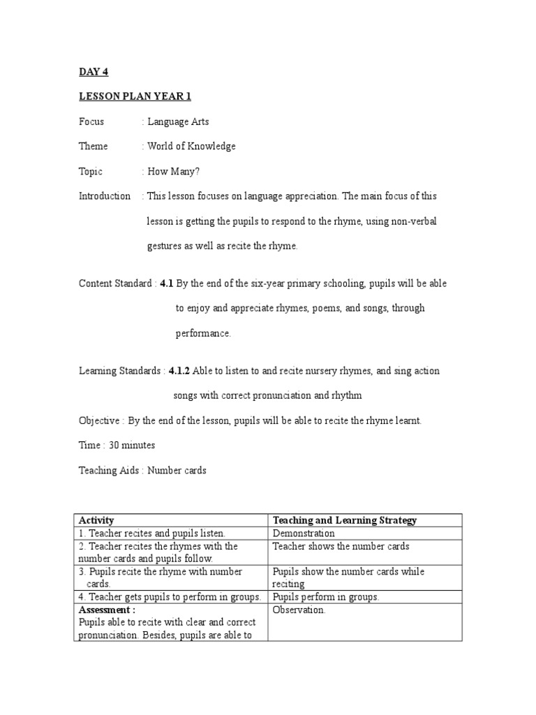 Day 4 Lesson Plan Year 1 | PDF