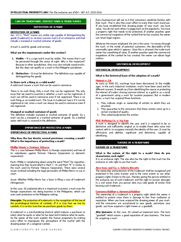 Law On Trademark, Service Mark & Trade Names Definition of A Mark ...